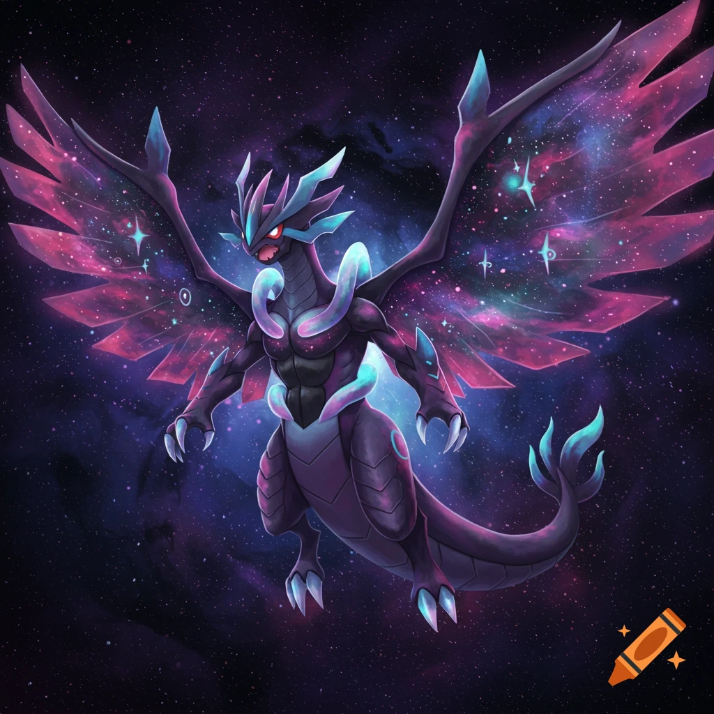 A cosmic dragon-like Pokemon flying through space. on Craiyon