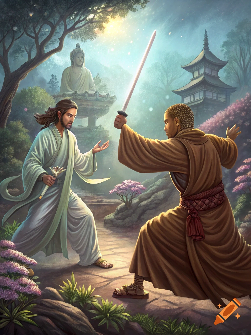 Jesus-like figure fighting a Buddha-like figure with a lightsaber in a ...