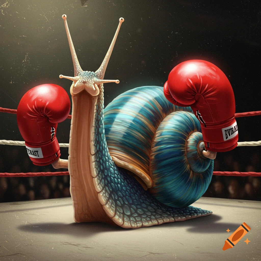 A detailed illustration of a snail wearing red boxing gloves in a ...
