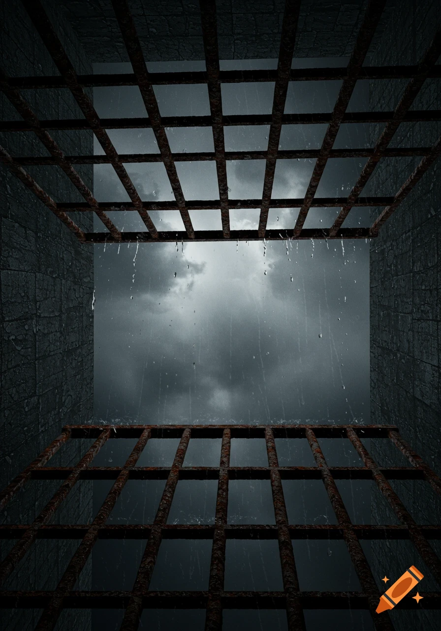 Looking up through rusty prison bars at a gloomy rainy sky. on Craiyon