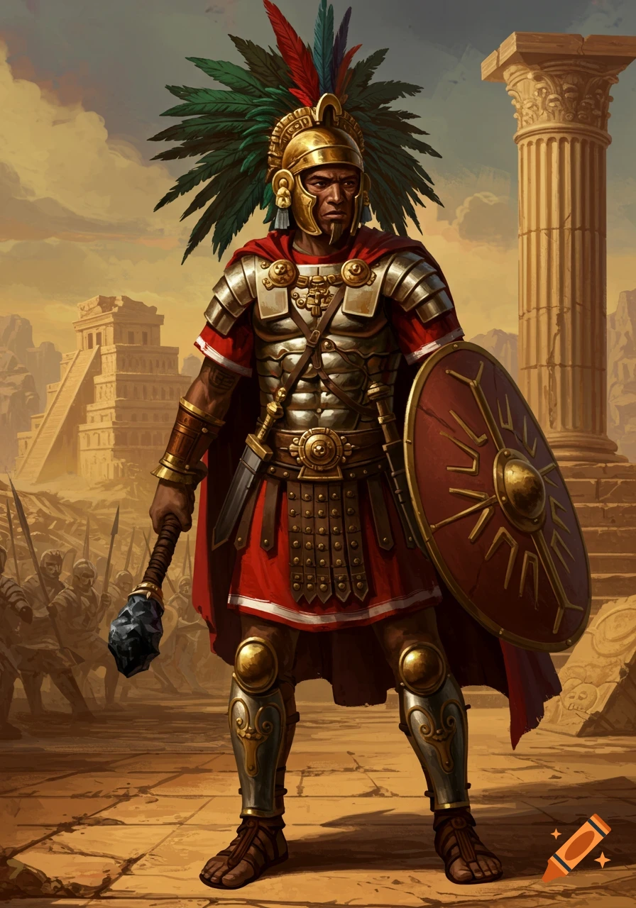An Aztec warrior in Roman armor stands in a desert ruin with other ...