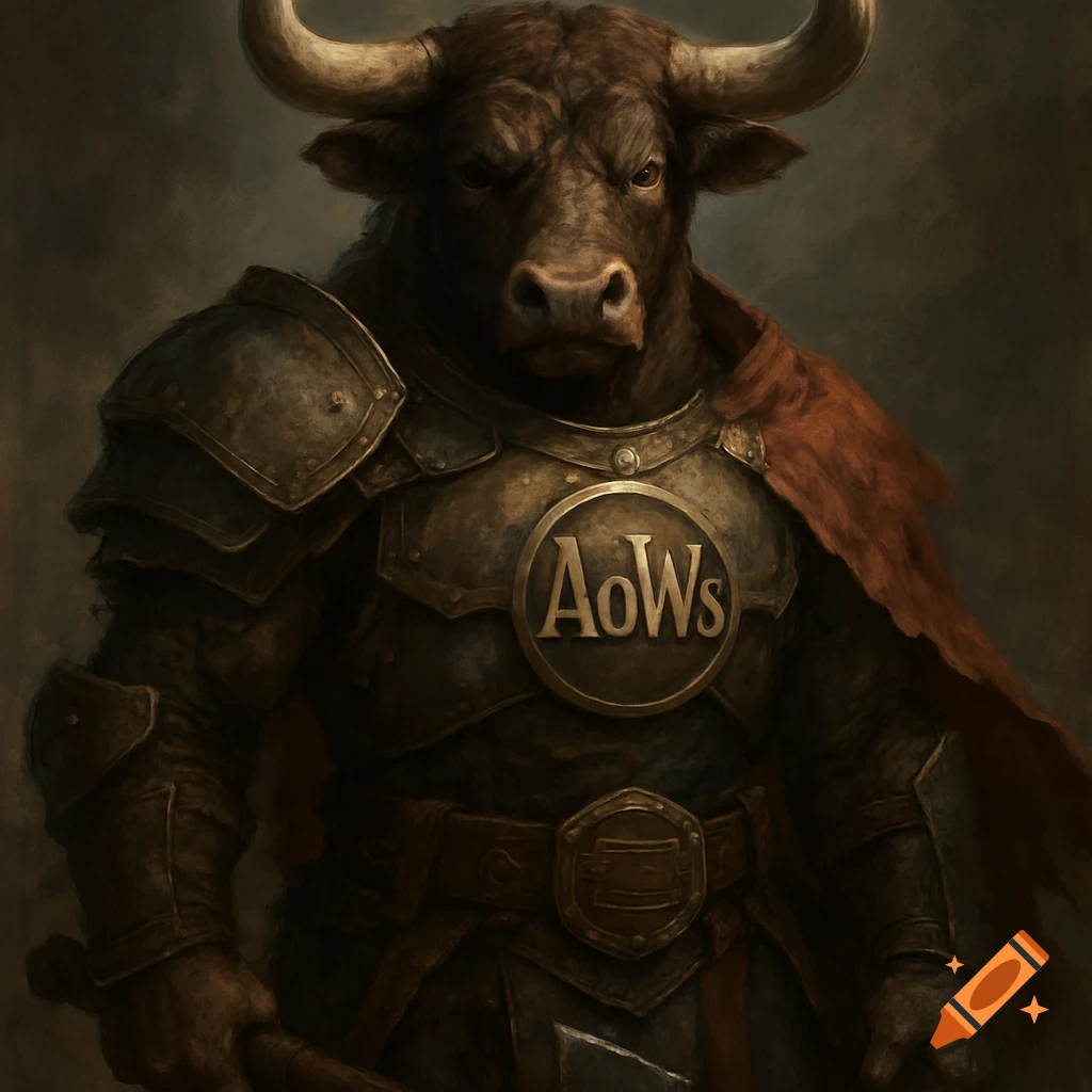 A minotaur warrior in detailed bronze armor and red cape in a dark ...