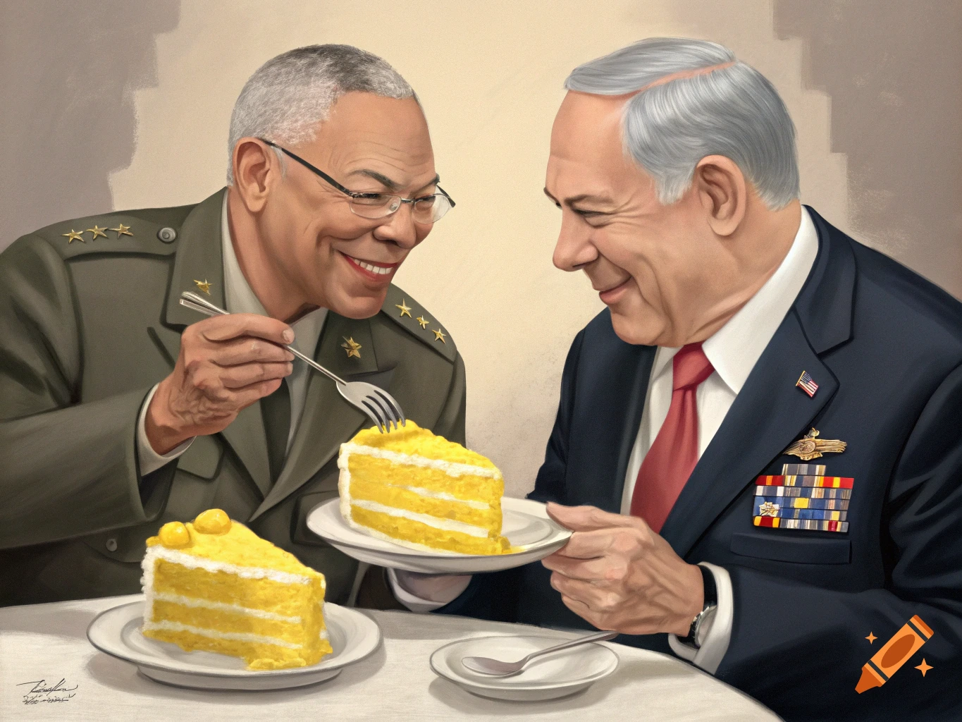 Painting of Colin Powell and Benjamin Netanyahu eating yellow cake on ...