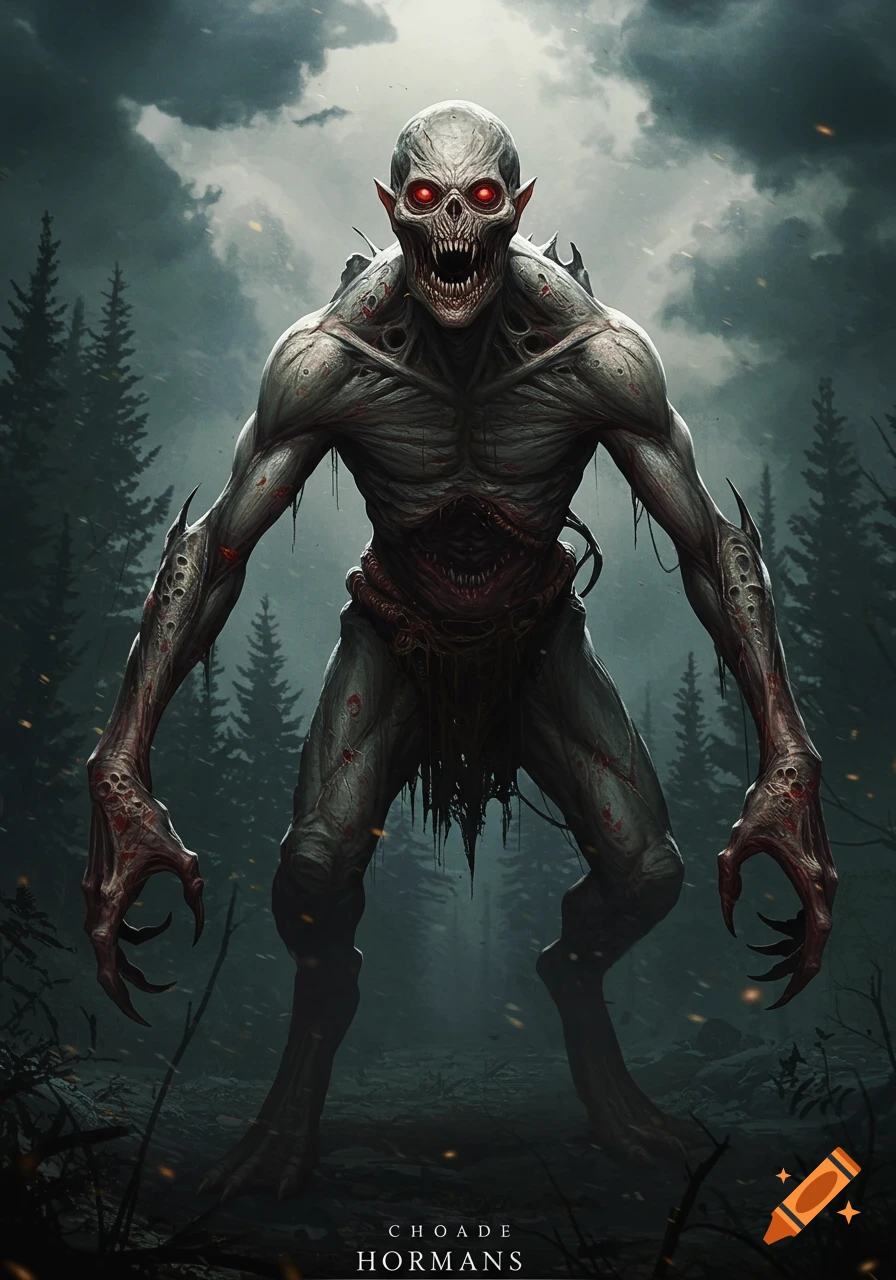 A gaunt, horrifying monster with glowing red eyes and sharp claws stands in a dark forest. on ...
