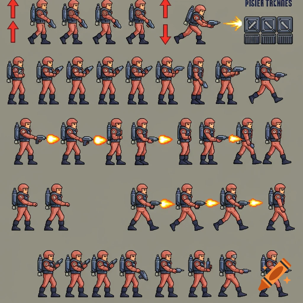 Pixel art sprite sheet of a sci-fi character in a red suit with a ...