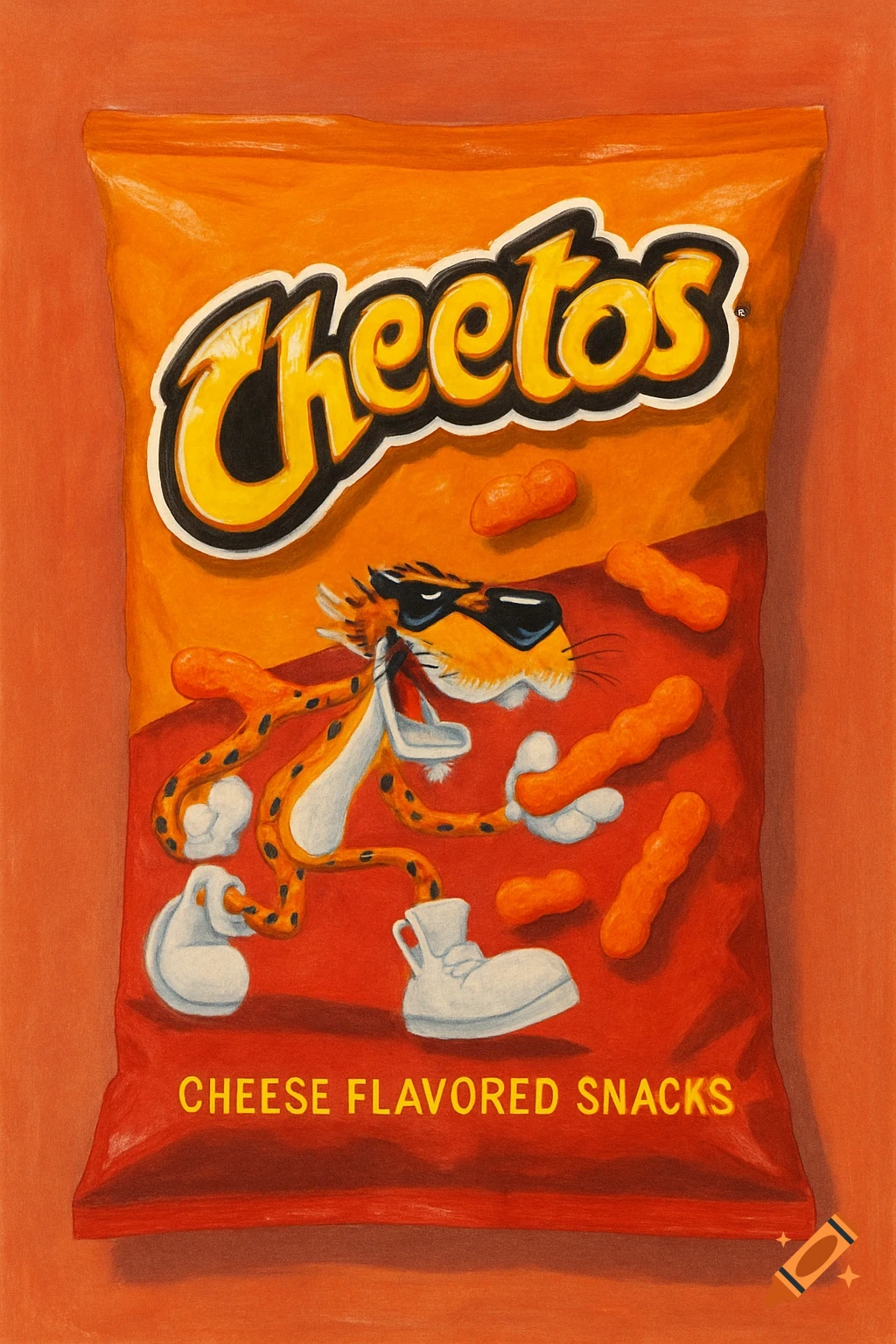 Illustration of a Cheetos bag with Chester Cheeta character and snacks ...