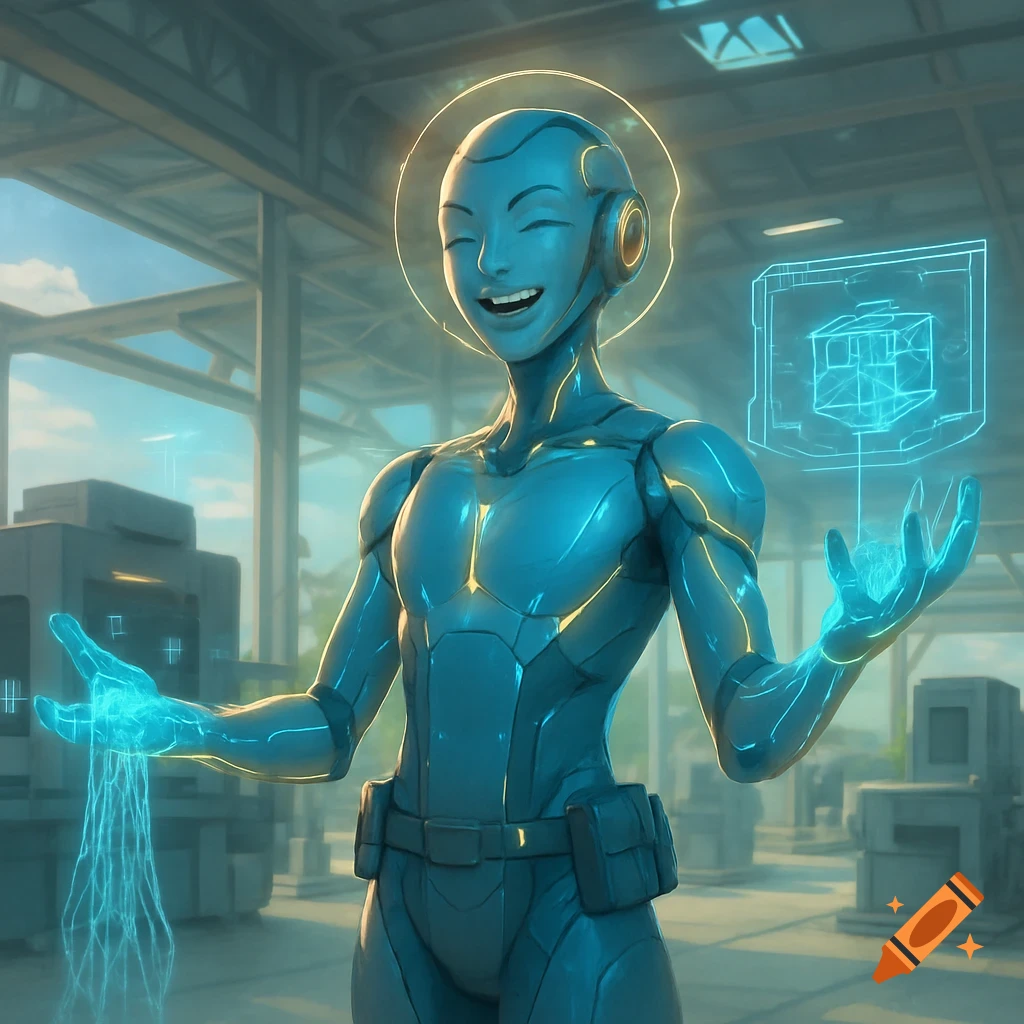 A smiling, blue cybernetic avatar with glowing hands creating holograms ...