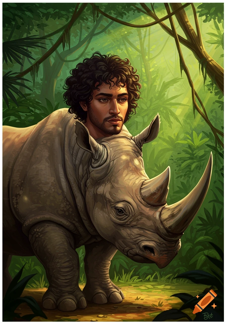 A man's head on a rhino's body stands in a lush green jungle. on Craiyon
