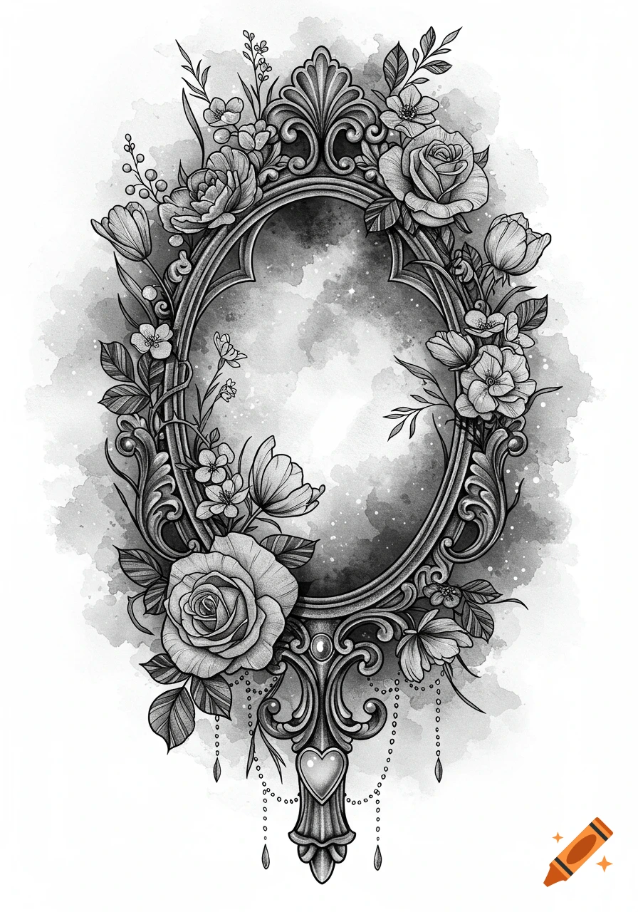 Black and grey gothic mirror frame with roses and flowers, illustration ...