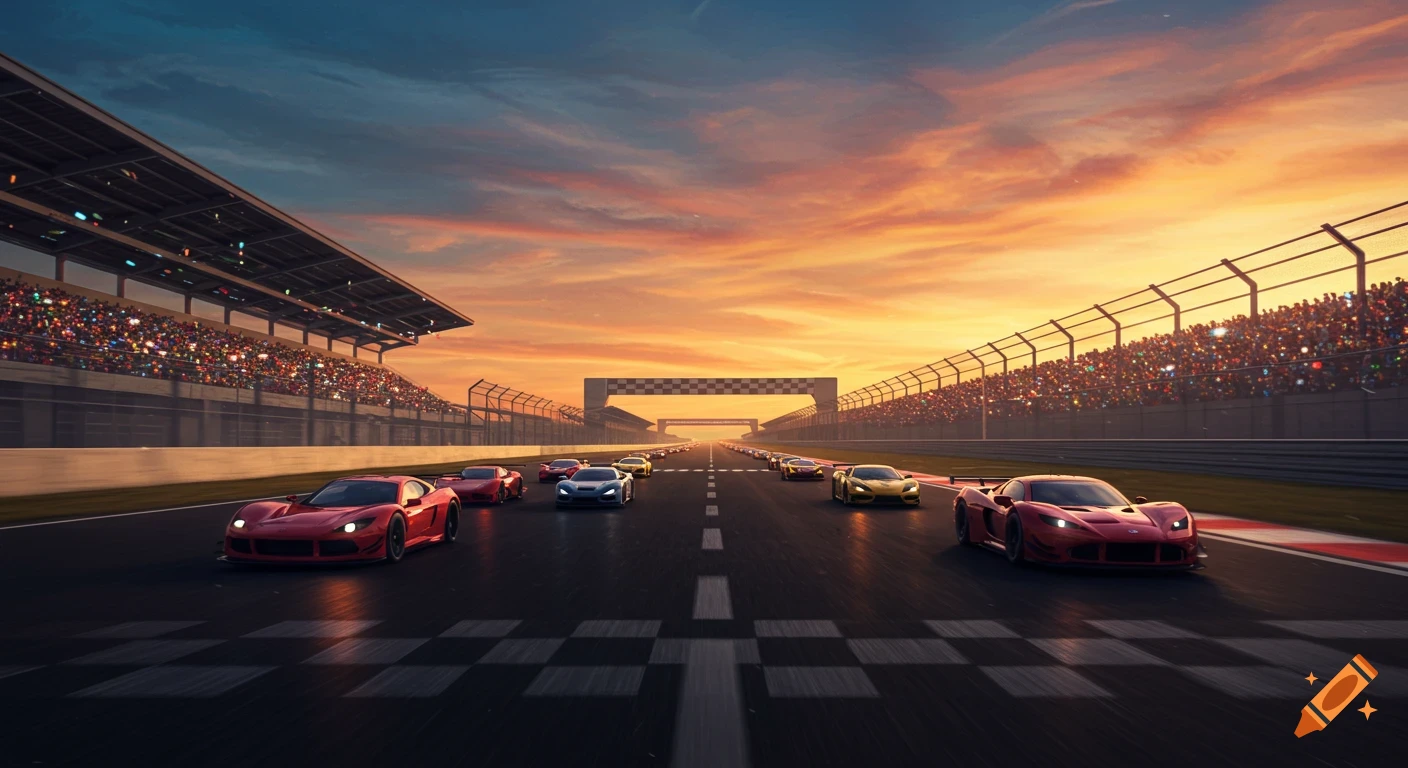 Photorealistic race cars on a starting grid at a track with spectators ...