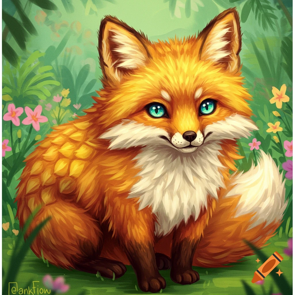 Cartoon illustration of a cute fox sitting in grass with flowers on Craiyon