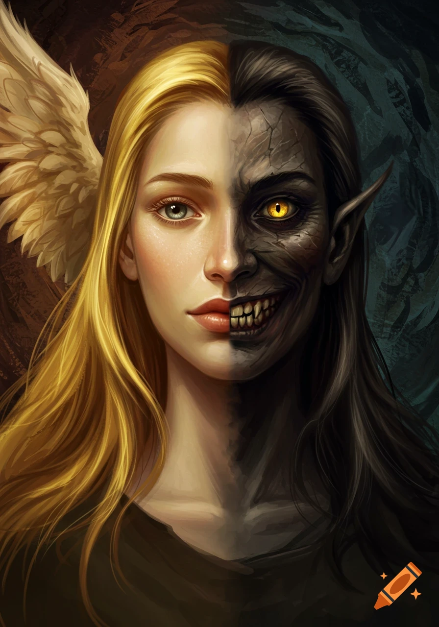 A striking split portrait of a woman, one side a blonde angel with a ...