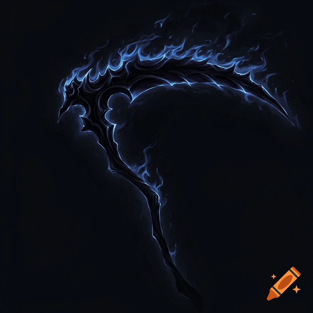 A dark, ornate scythe with a curved blade and handle, surrounded by ...