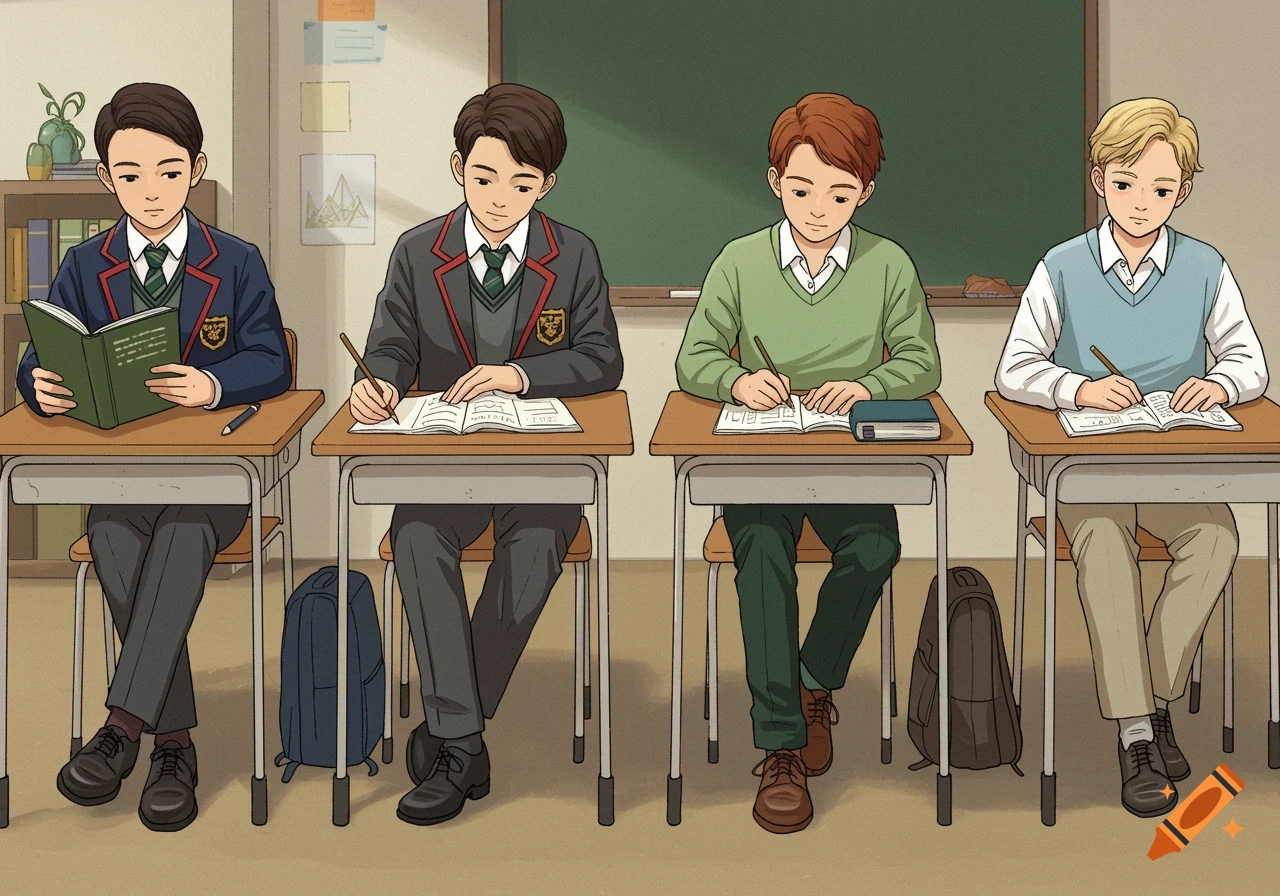 Four anime-style schoolboys in a classroom, seated at desks, two ...