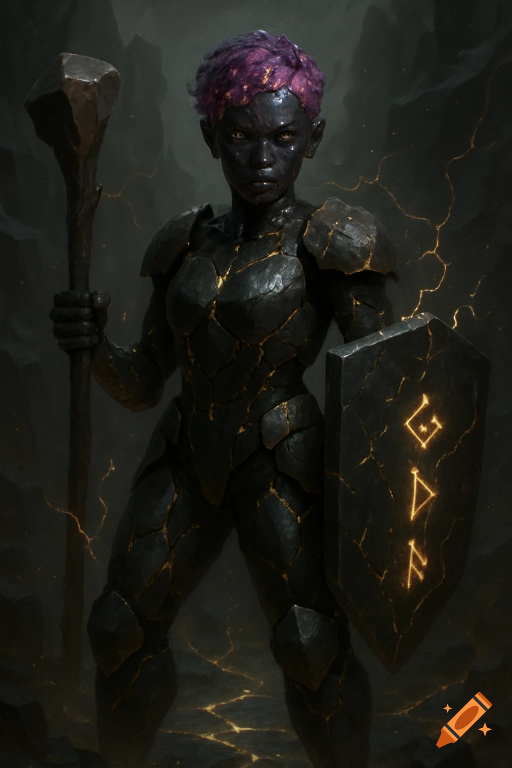 A female Earth Genasi warrior with purple hair and cracked stone armor ...