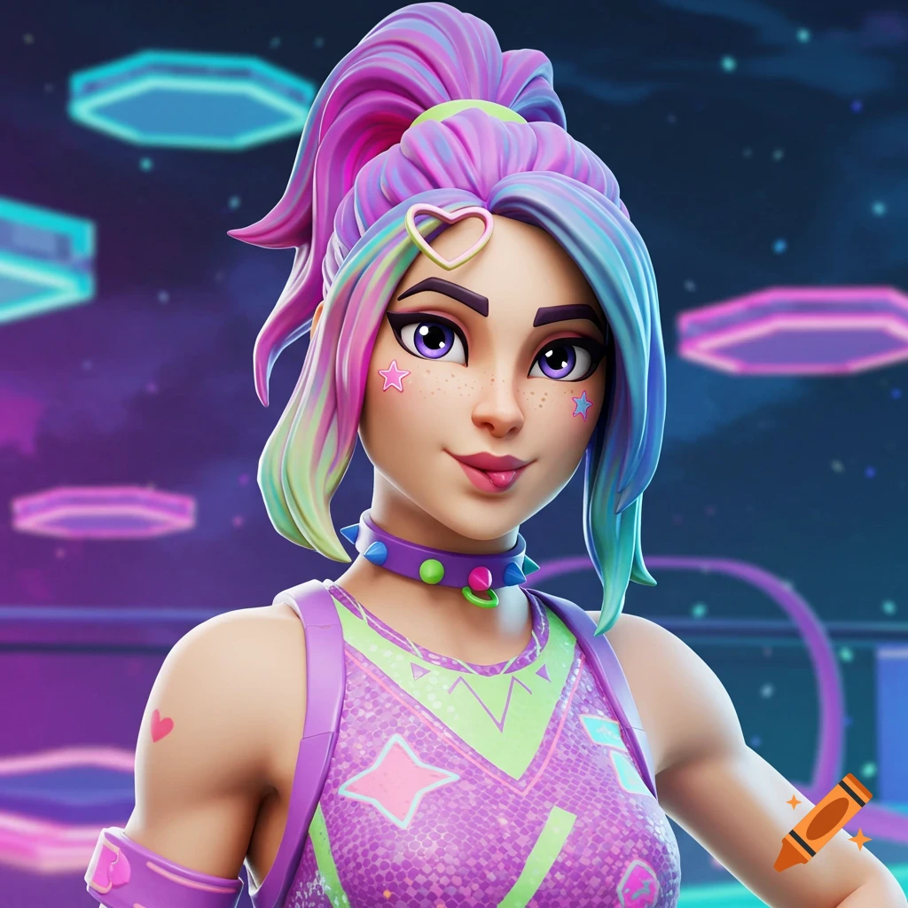 Stylized woman with vibrant multi-colored hair and purple outfit in a ...