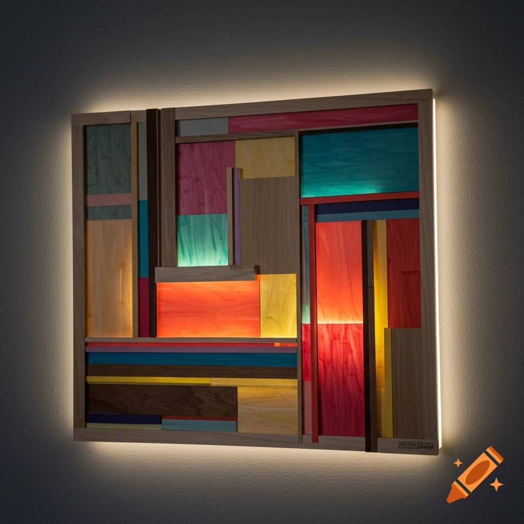 A modern wall-mounted light fixture made of layered wooden blocks and ...