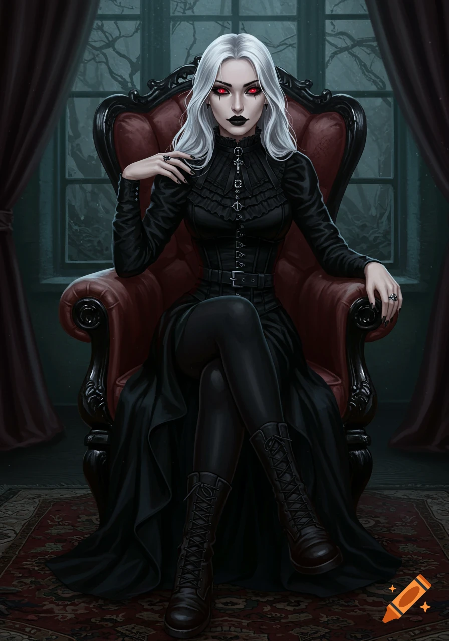 Gothic illustration of a woman with silver hair and red eyes sitting in ...