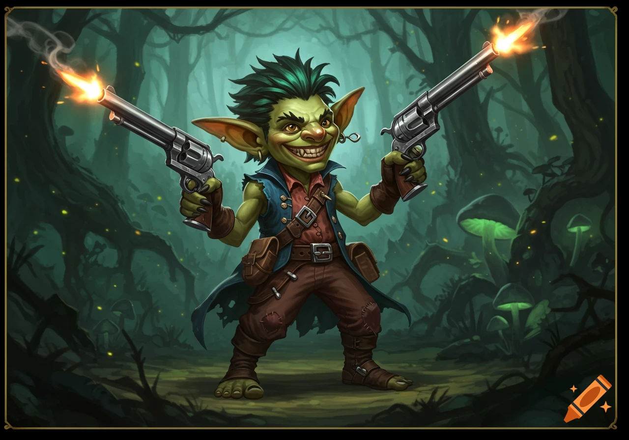 A fantasy illustration of a grinning goblin firing two revolvers in a ...