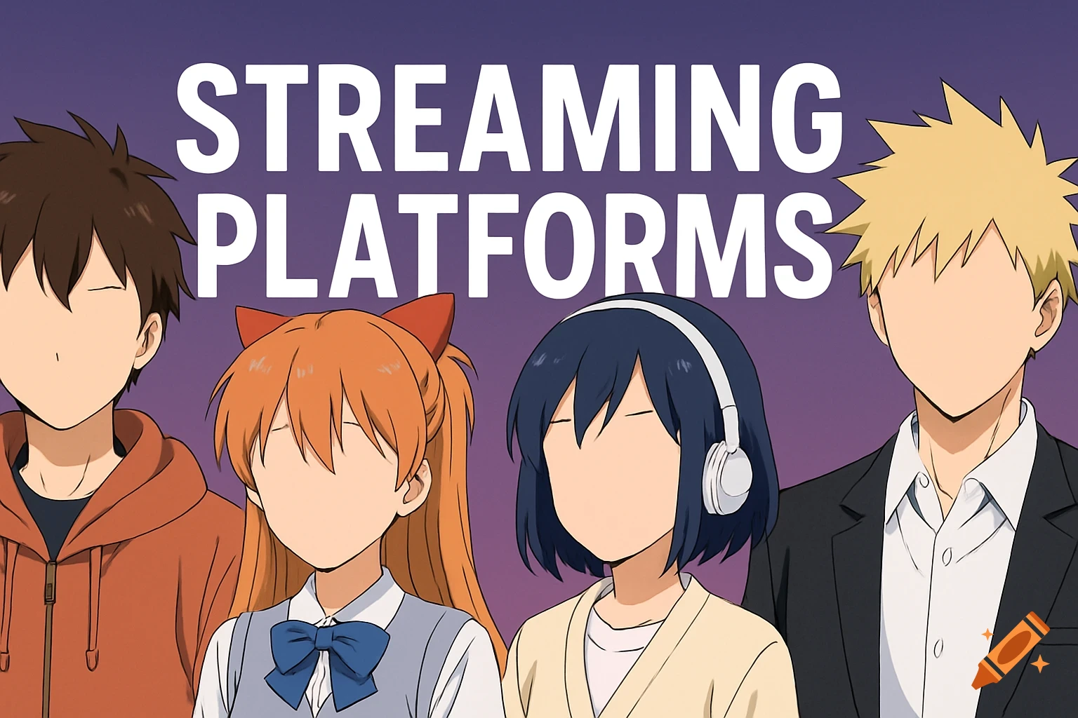 Four faceless anime characters stand below text 'STREAMING PLATFORMS ...