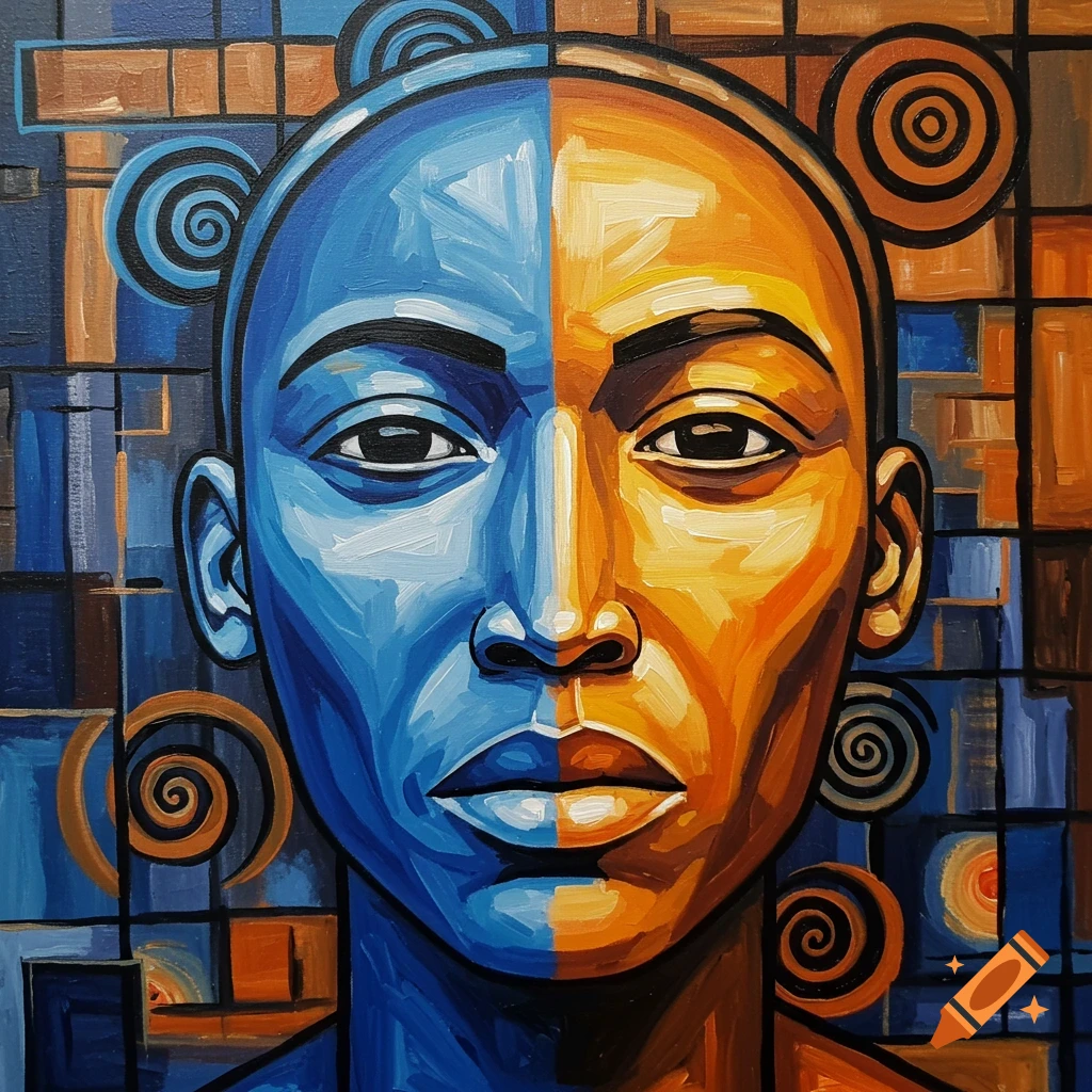 A vibrant cubist painting of a human face, split symmetrically in cool ...