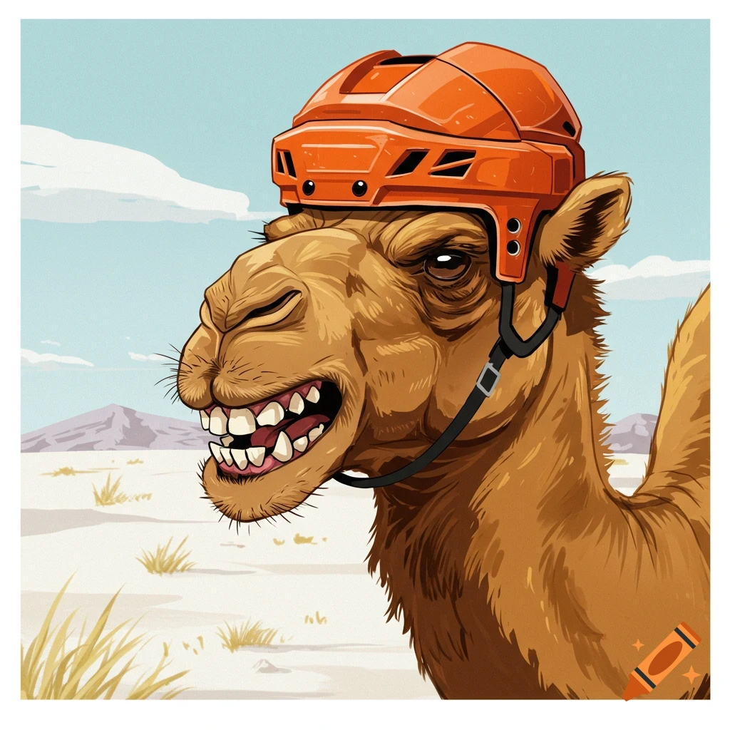 A cartoon camel wearing an orange hockey helmet stands in a desert ...