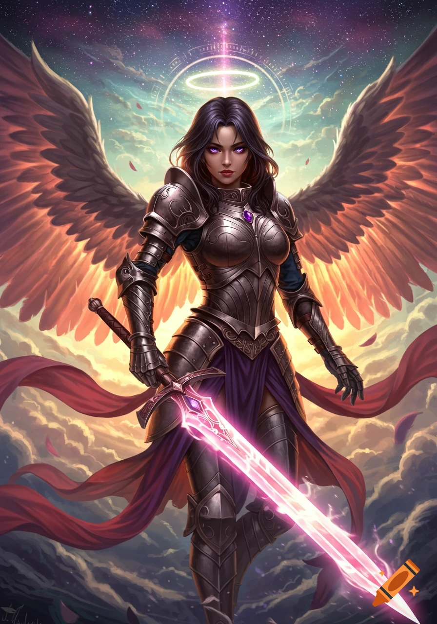 Angelic female warrior in armor with wings holds glowing sword against ...