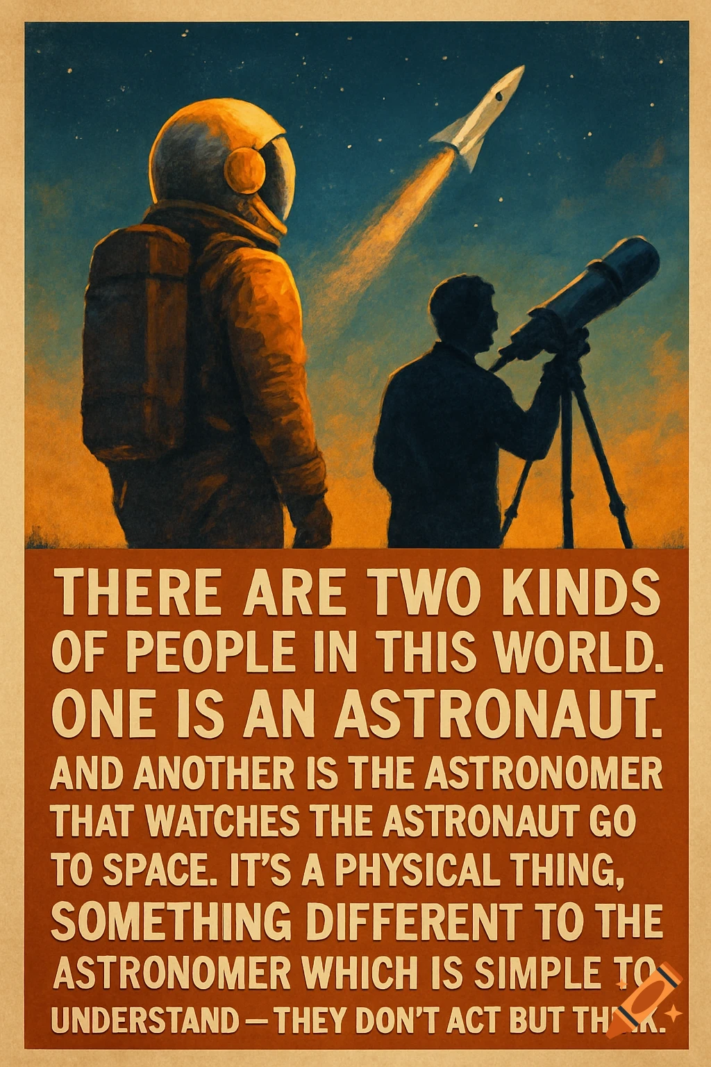 A vintage-style poster showing an astronaut and an astronomer observing ...
