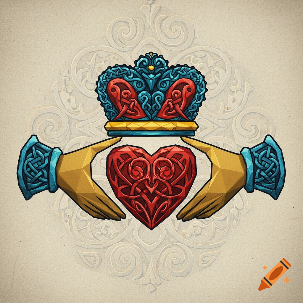 Geometric and Celtic art style Claddagh symbol with hands, heart, and crown on Craiyon