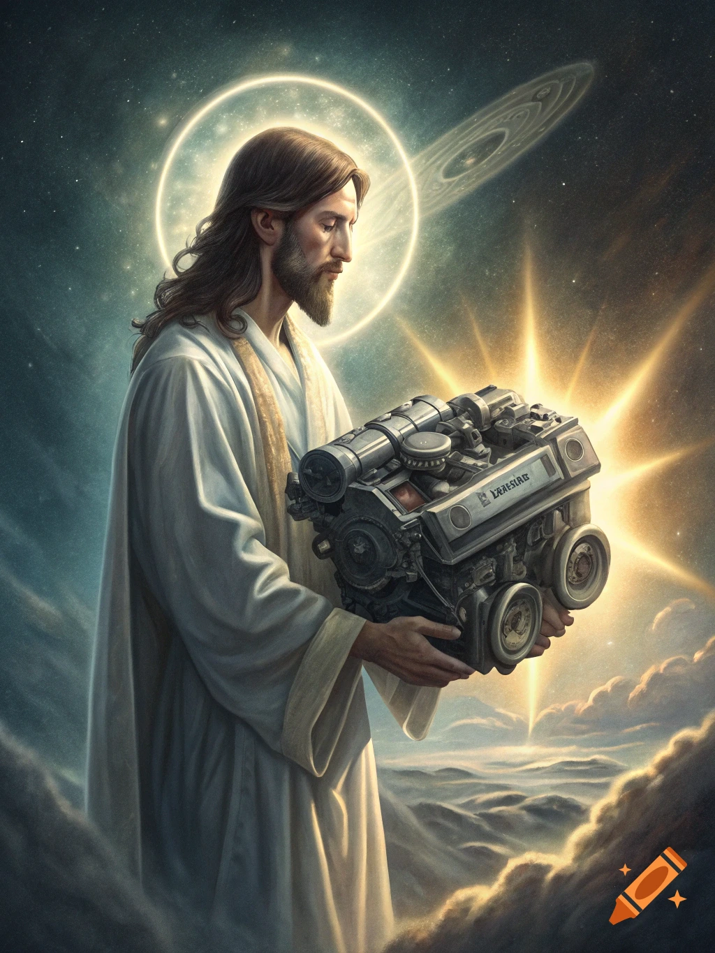 Jesus Christ with a glowing halo holds a complex mechanical engine in a ...