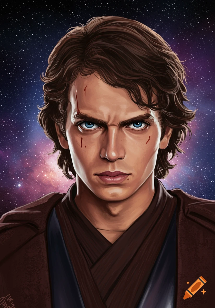 A stylized portrait of Anakin Skywalker with intense blue eyes and ...