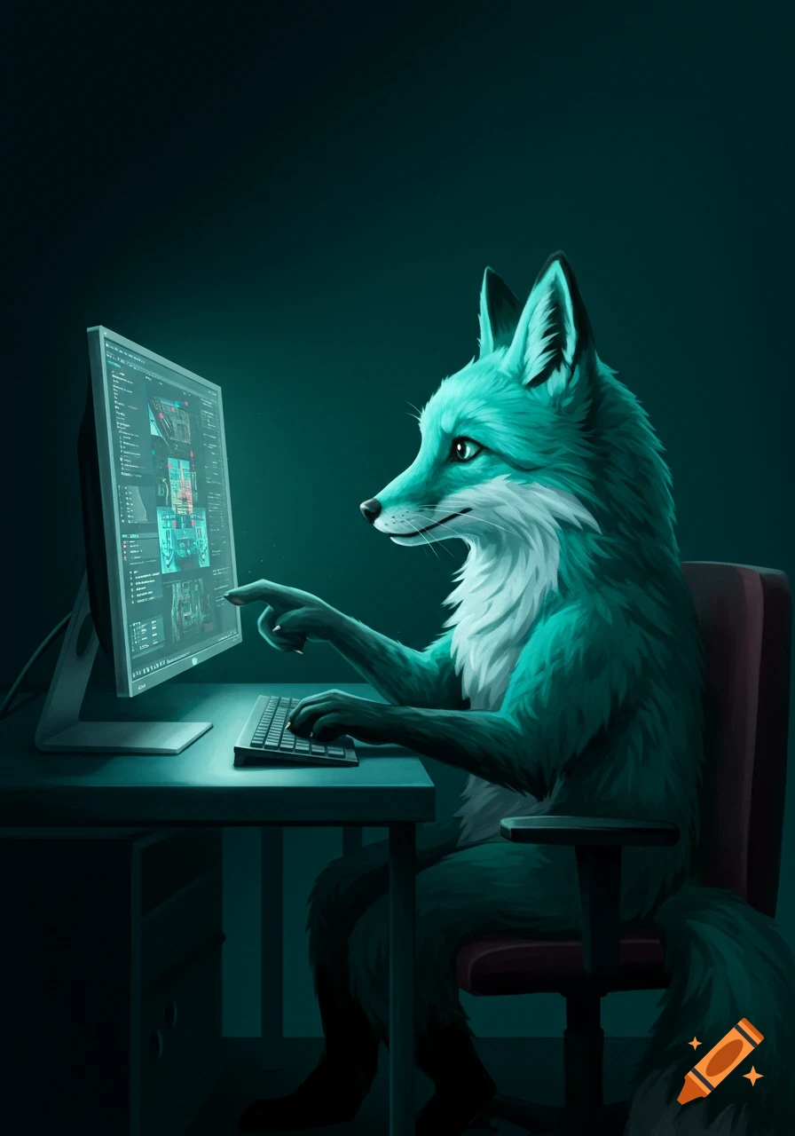 A teal fox sits at a desk, typing on a keyboard and pointing at a ...