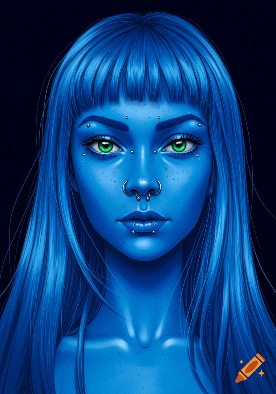 A vibrant digital art portrait of a blue-skinned woman with long blue ...
