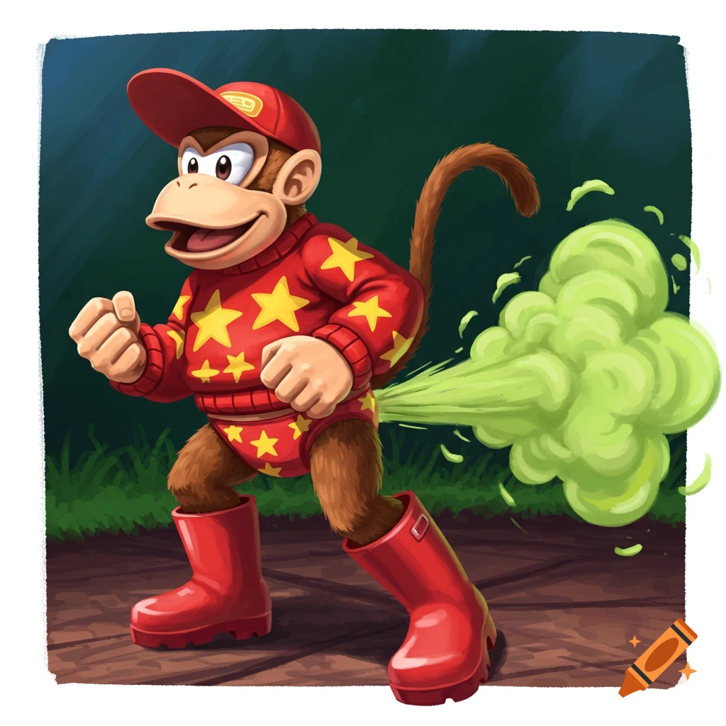 Cartoon illustration of Diddy Kong farting green gas while wearing a ...