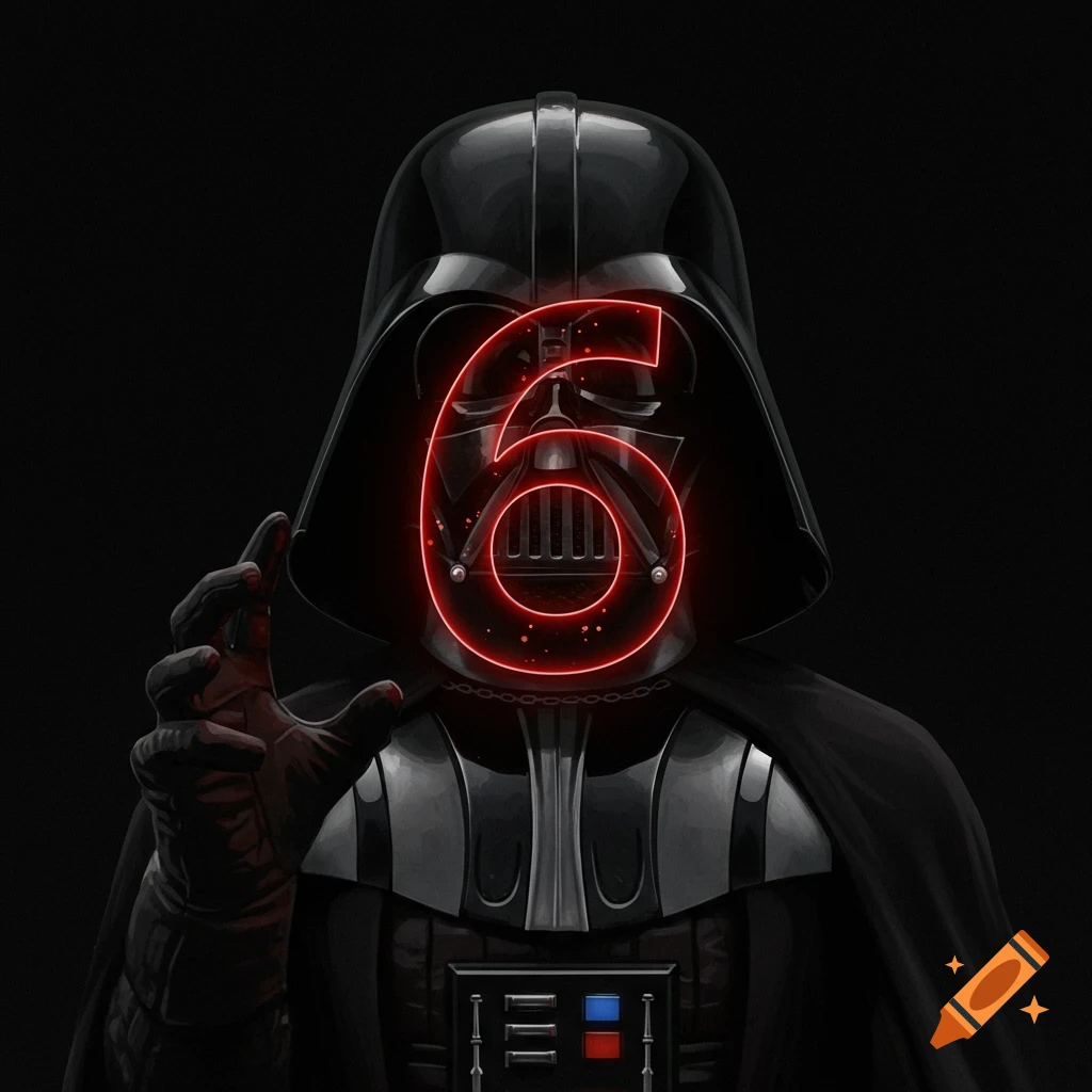 Darth Vader with a glowing red number six over his mask, reaching out ...