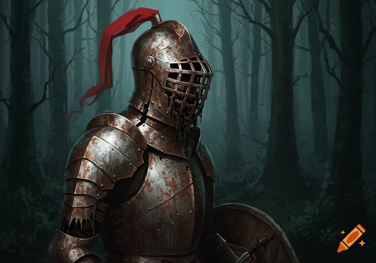 A rusty knight with a cage helmet drips black ooze in a dark fantasy ...