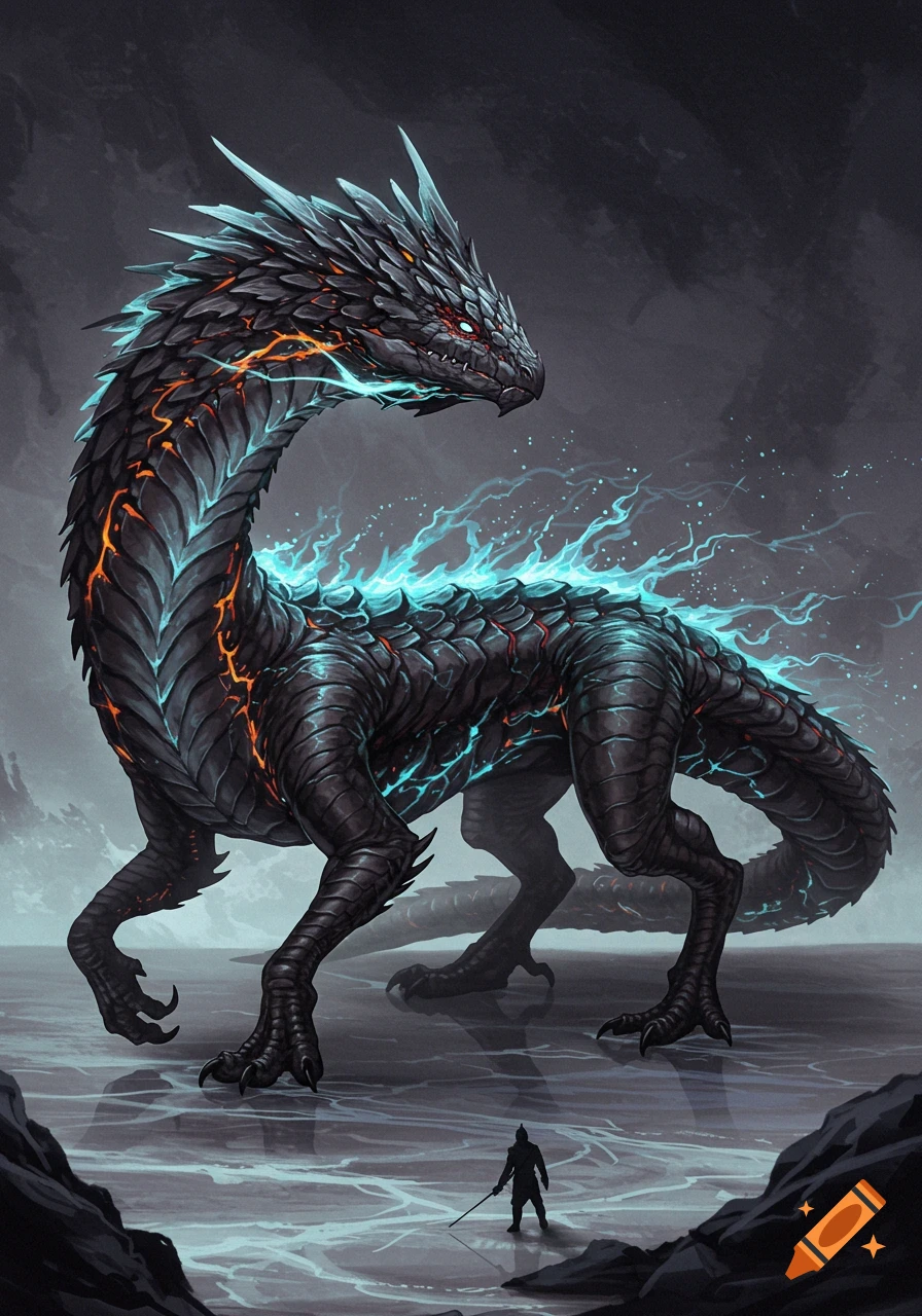 A massive, dark, scaly dragon-like creature with glowing blue and ...