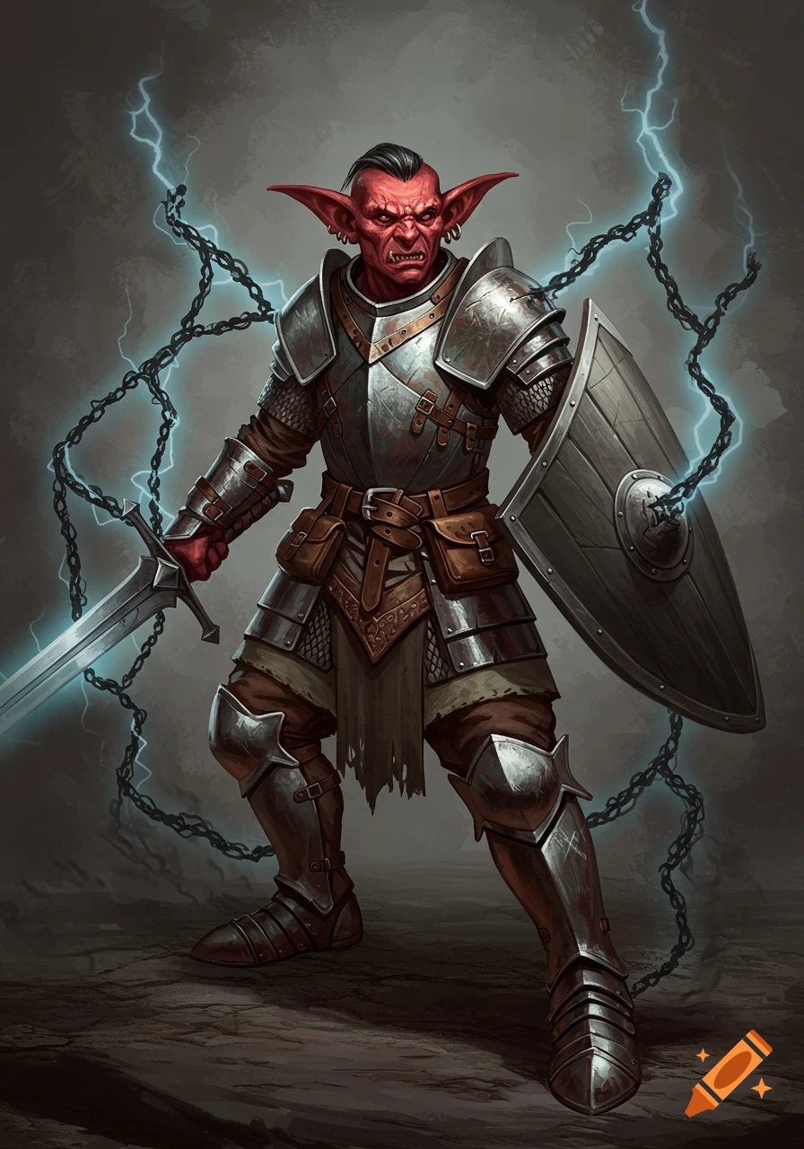 A red-skinned hobgoblin in detailed silver armor with a sword and shield, surrounded by glowing ...