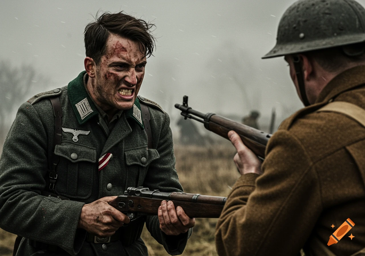German soldier with a grimace facing a British soldier in a muddy ...