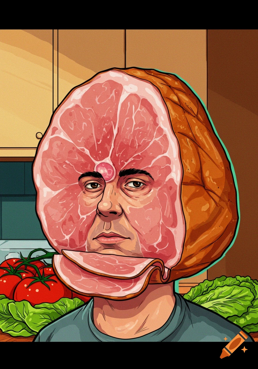 Cartoon illustration of a man with a large slice of ham for a head, standing in a kitchen with ...