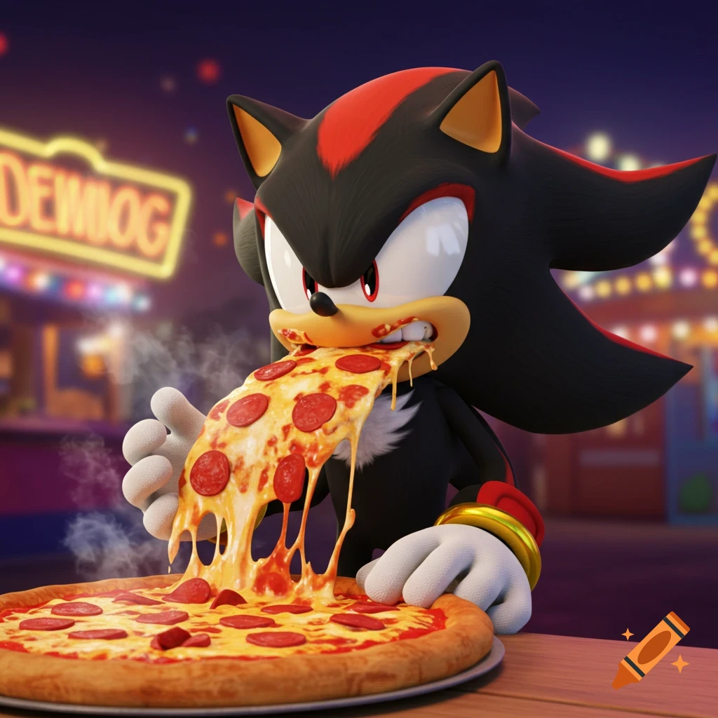 Shadow the Hedgehog, an animated character, intensely eats a large ...