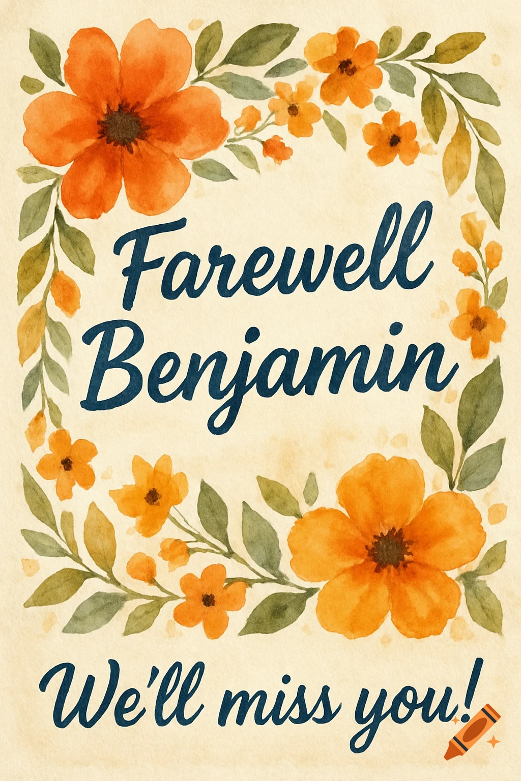 Watercolor farewell card with orange flowers and text Farewell Benjamin ...