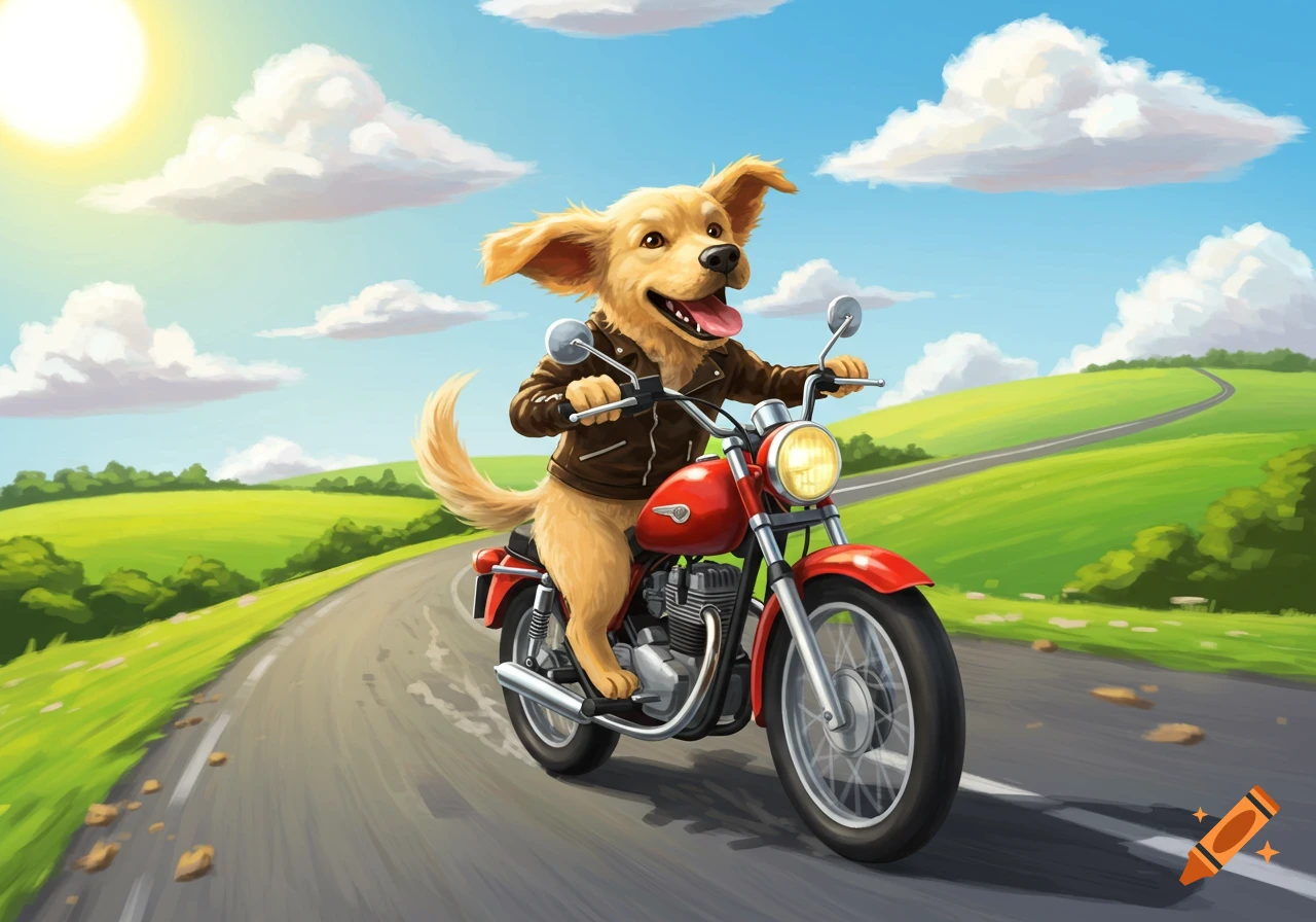 A happy cartoon golden retriever dog riding a red motorcycle on a ...