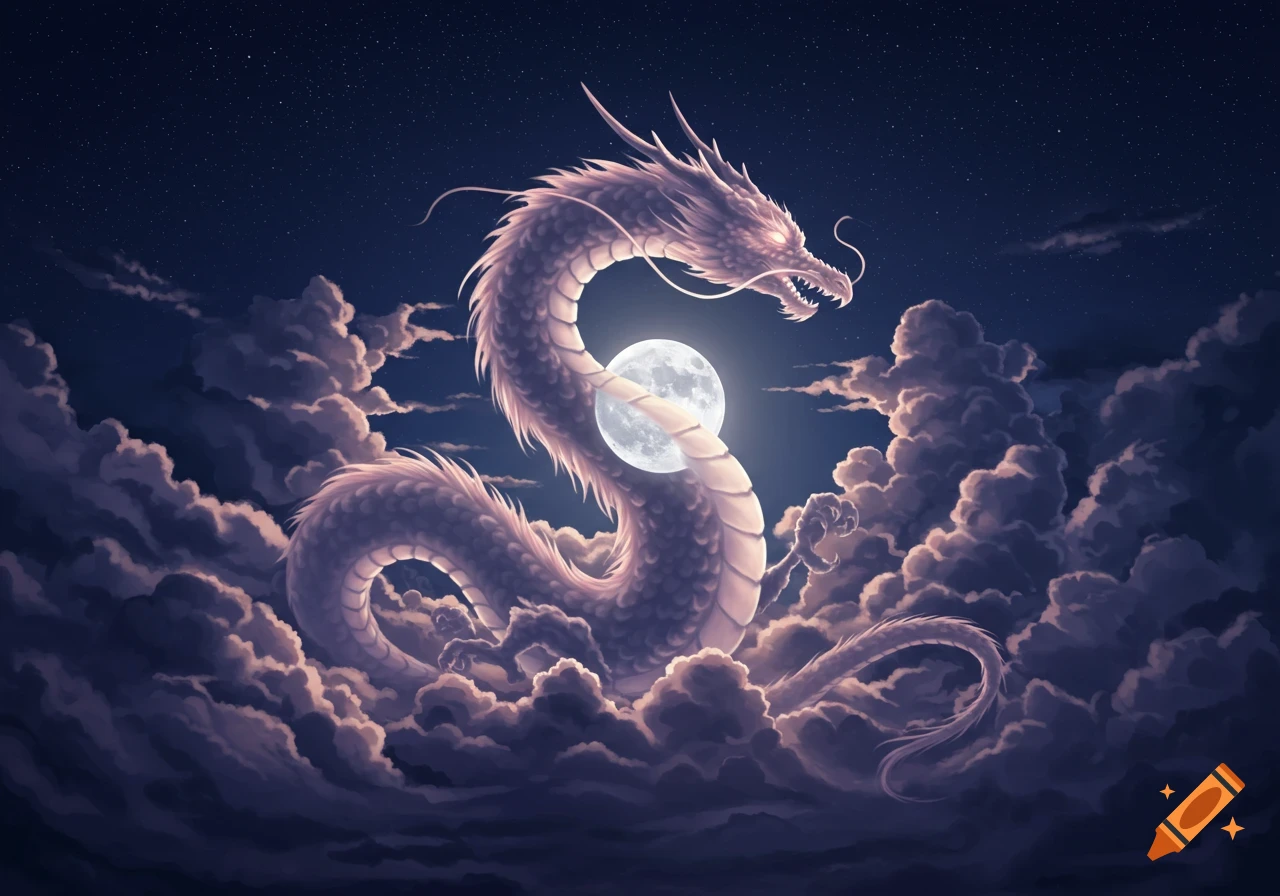 A majestic dragon made of clouds in a starry night sky, holding the ...