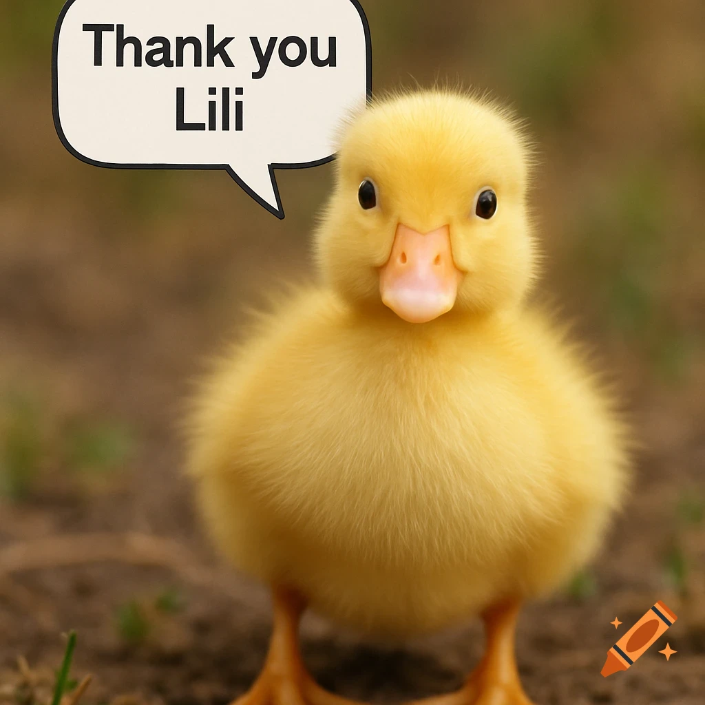 A fluffy yellow duckling with a speech bubble saying "Thank you Lili ...