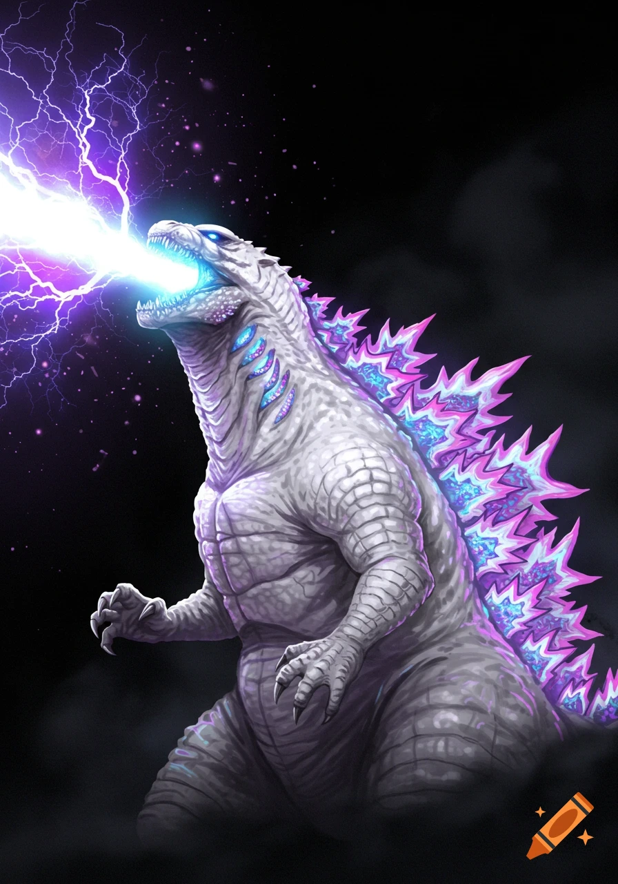 White Godzilla with purple spines breathing purple lightning energy. on ...