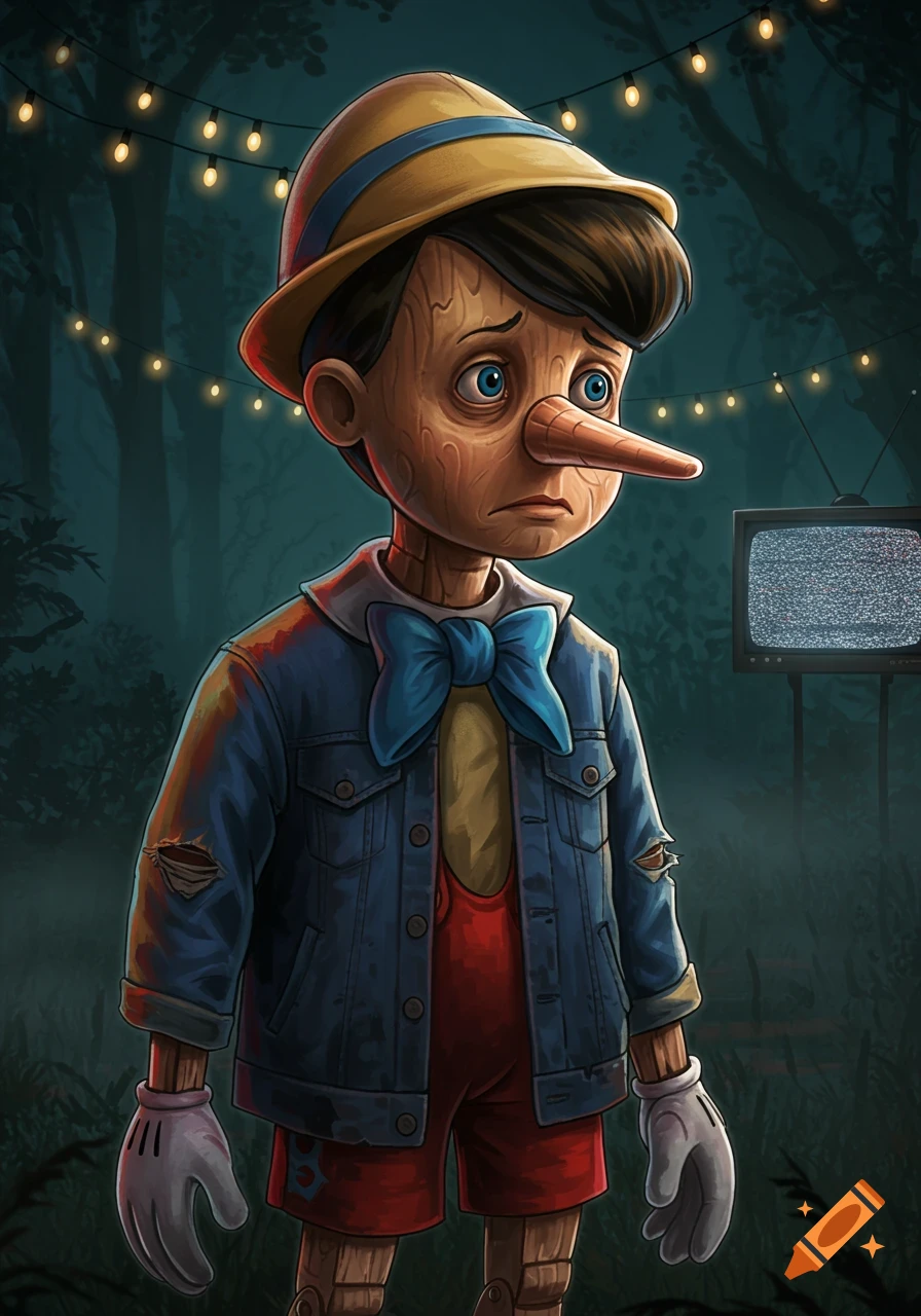 A sad Pinocchio puppet with a long nose stands in a dark, misty forest with string lights and an ...