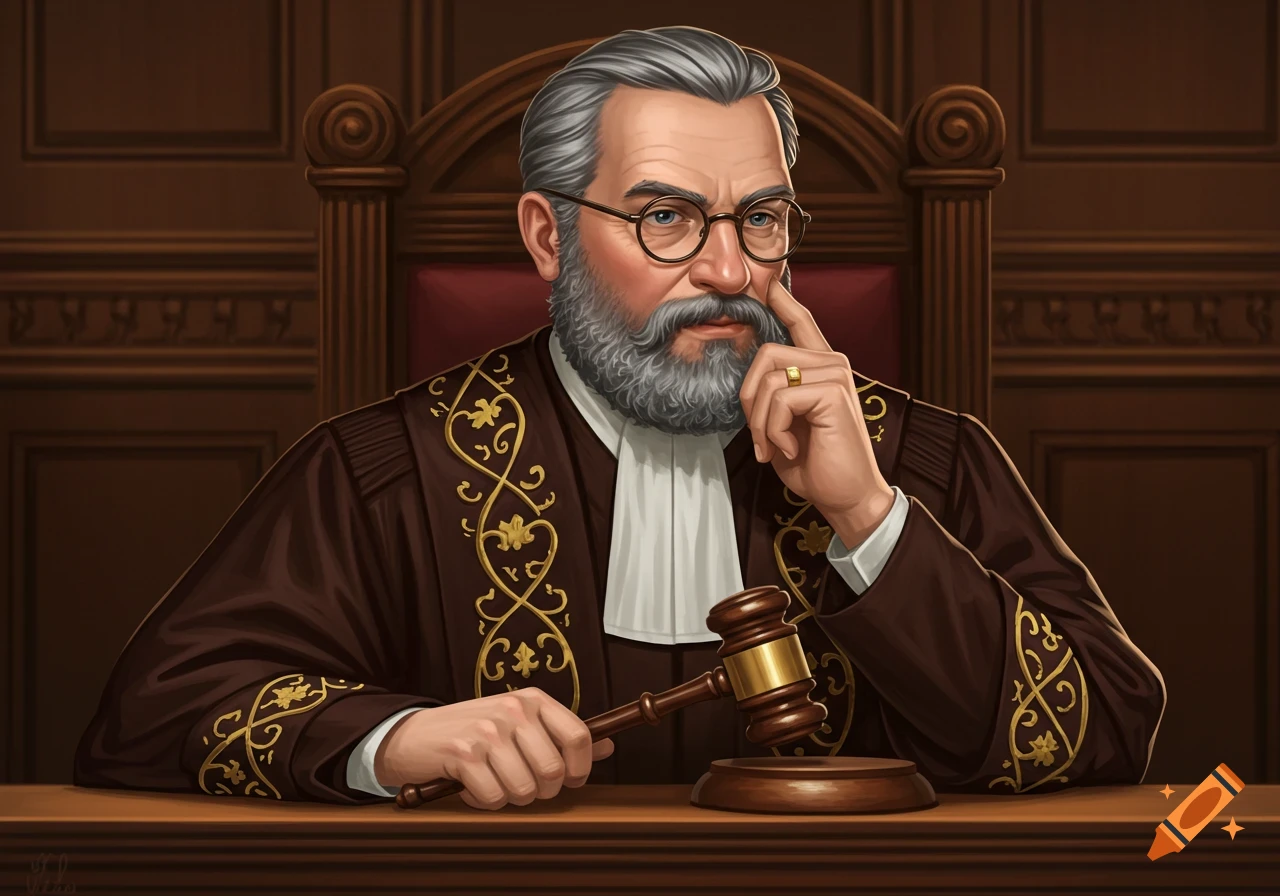 An illustration of a male judge with a beard and glasses, in a brown ...
