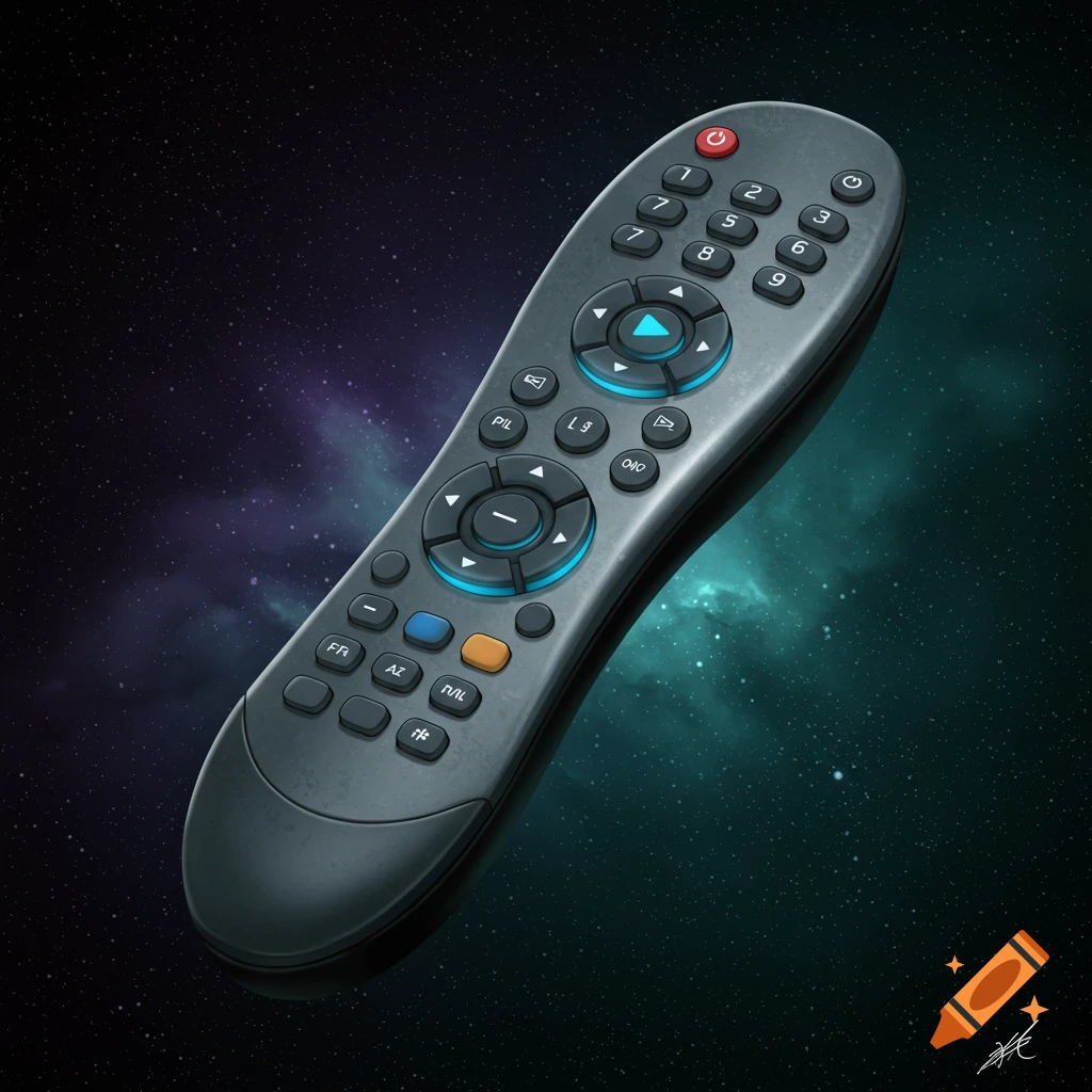 A digital illustration of a futuristic TV remote floating in space. on ...