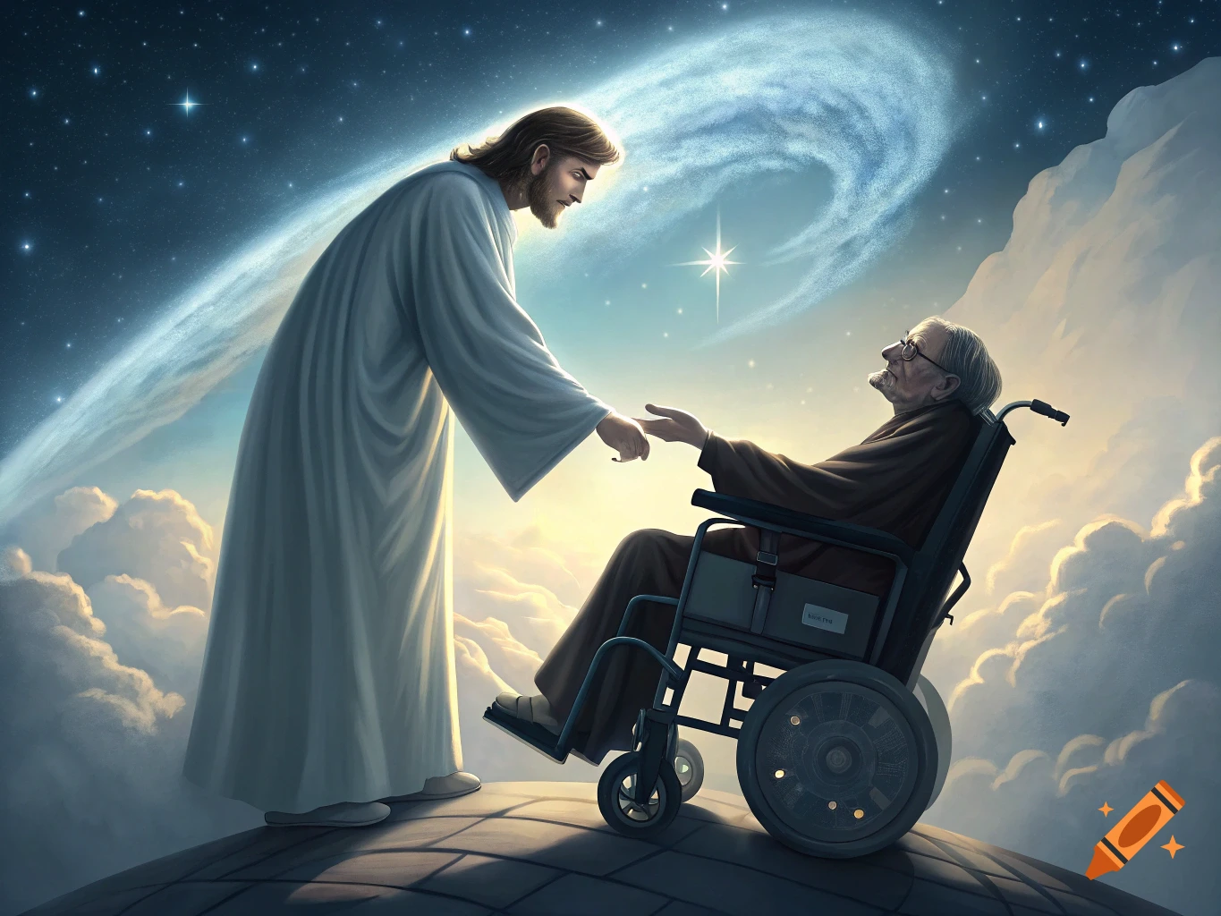 Jesus reaches out to Stephen Hawking in his wheelchair, set against a ...